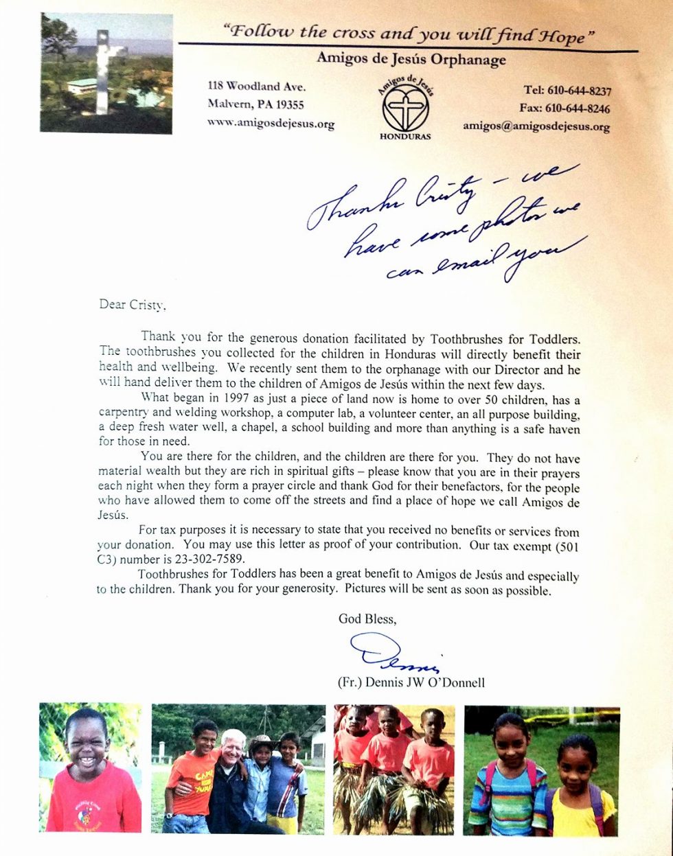 Thank You Letter from Amigos de Jesus Orphanage | Toothbrushes for Toddlers